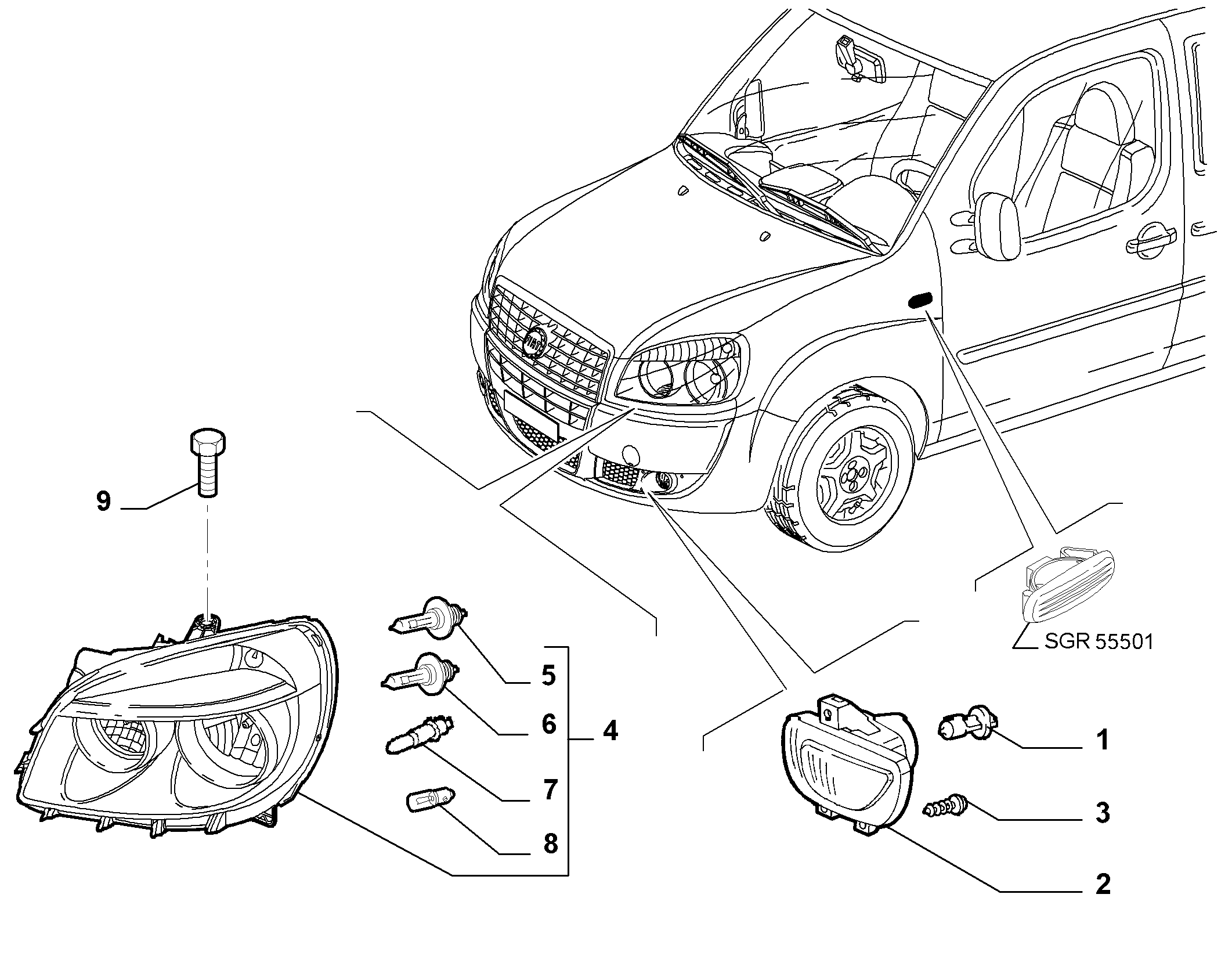 Fiat Doblo (Type 223) Facelift Outer lighting Diagram & OEM Parts (2005 ...