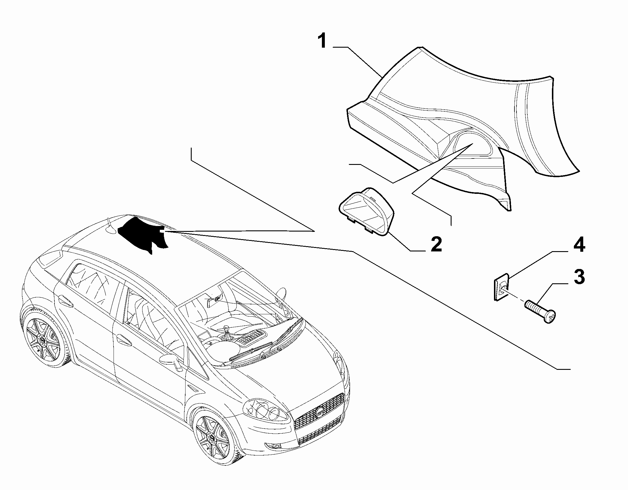 Fiat Grande Punto 199 Inner rear pillar and quarter glass trims parts ...