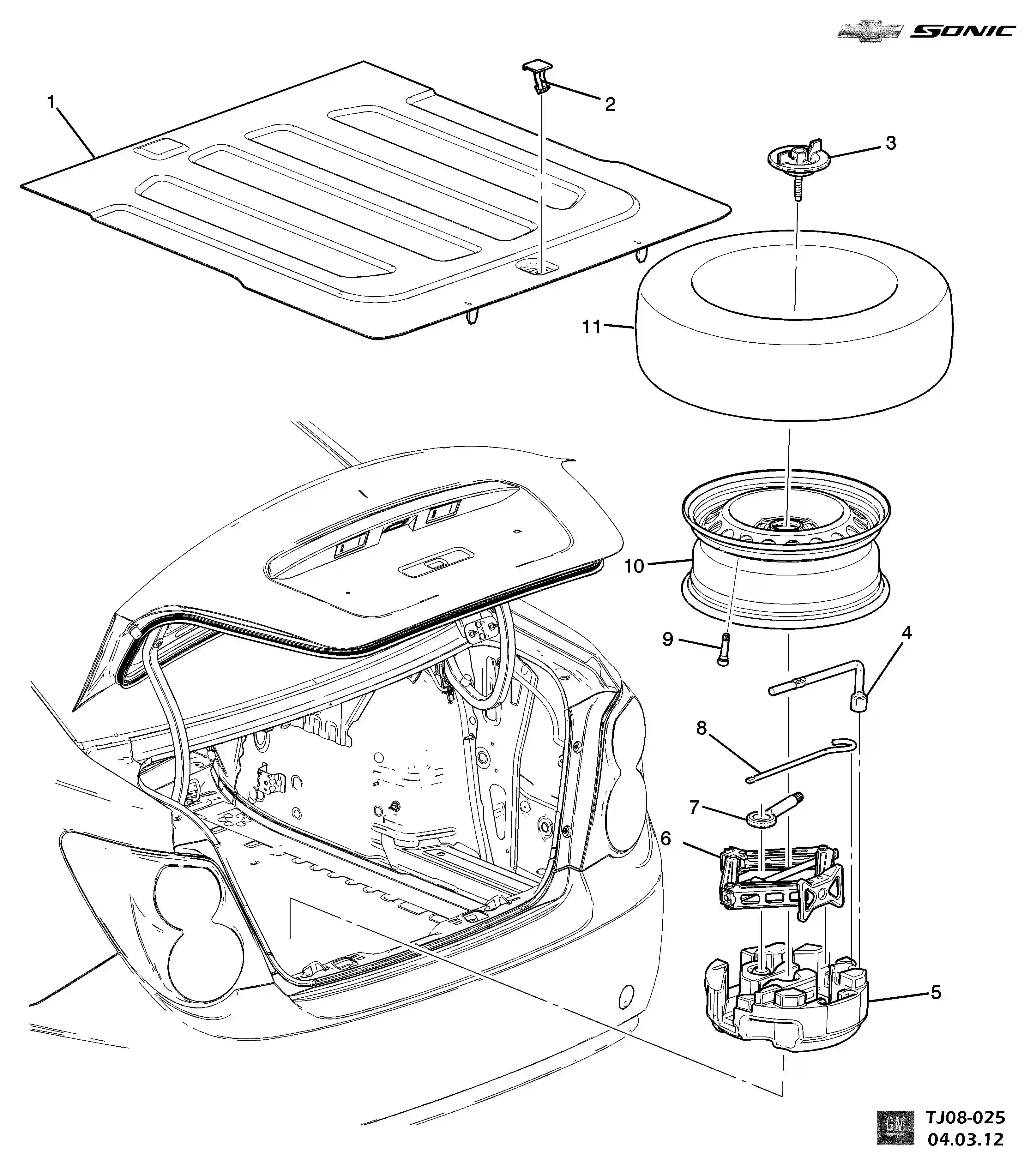 Chevrolet Sonic T300 Spare wheel stowage & jack parts (for 4 door) 部品 ...