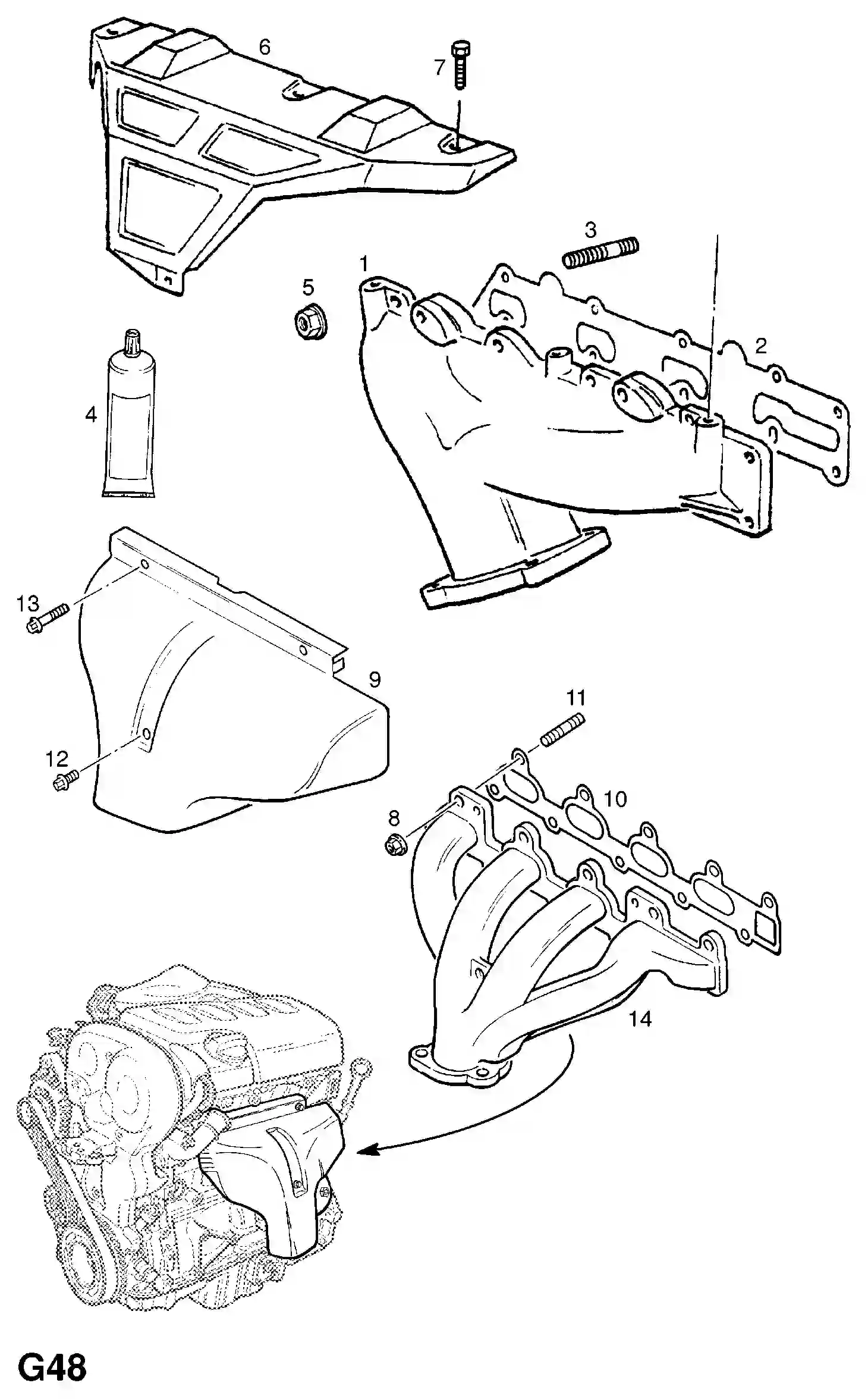 Opel Vectra B Exhaust manifold (contd.) / x18xe1[2h9] engine parts 1996 ...