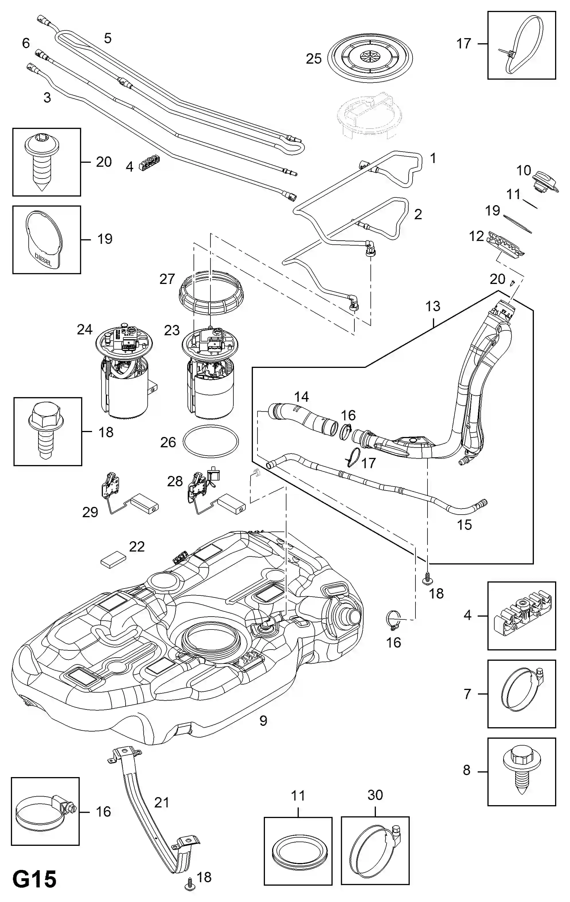 Opel Corsa D Fuel pipes and fittings / centre/rear (diesel engines ...