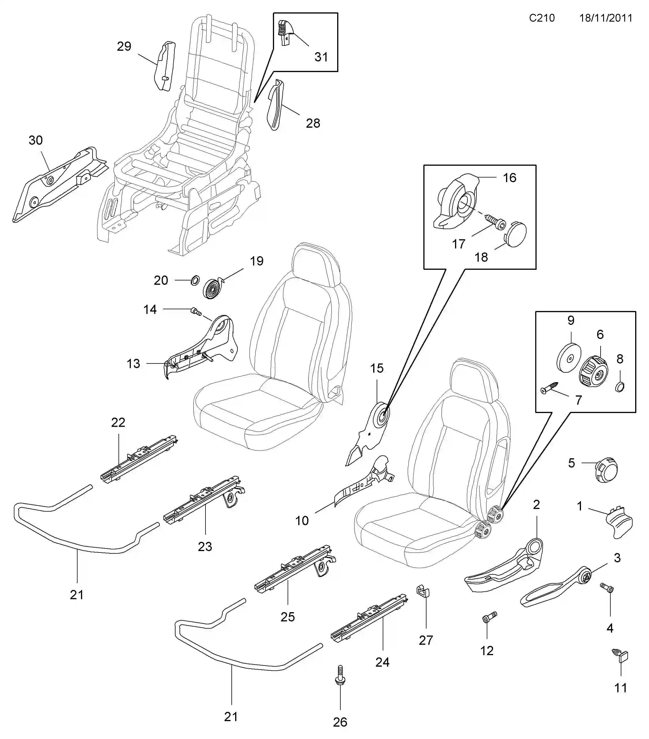 Opel Combo D Guide rail, adjusters and mouldings / driver and single ...