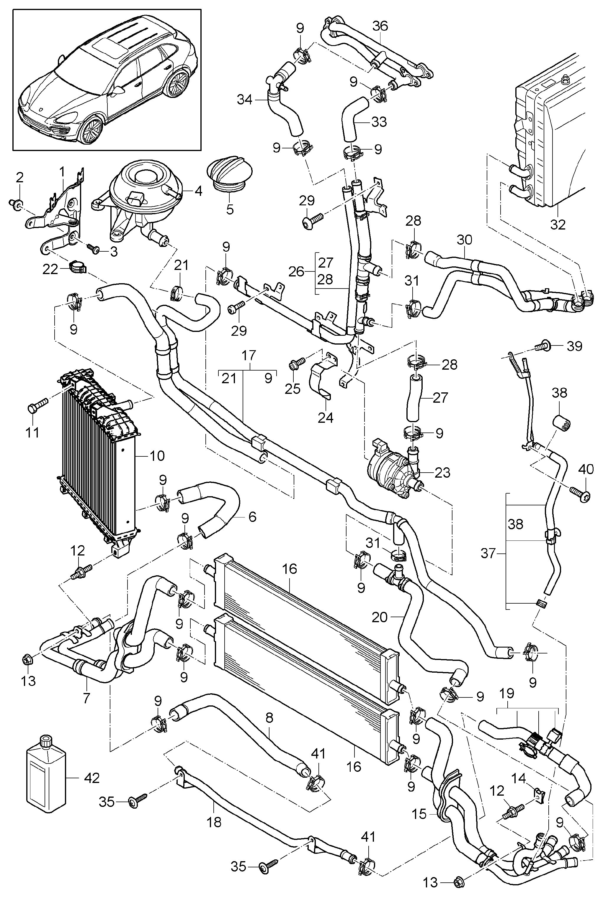 Porsche Cayenne 92A Coolant cooling system coolant expansion tank d ...
