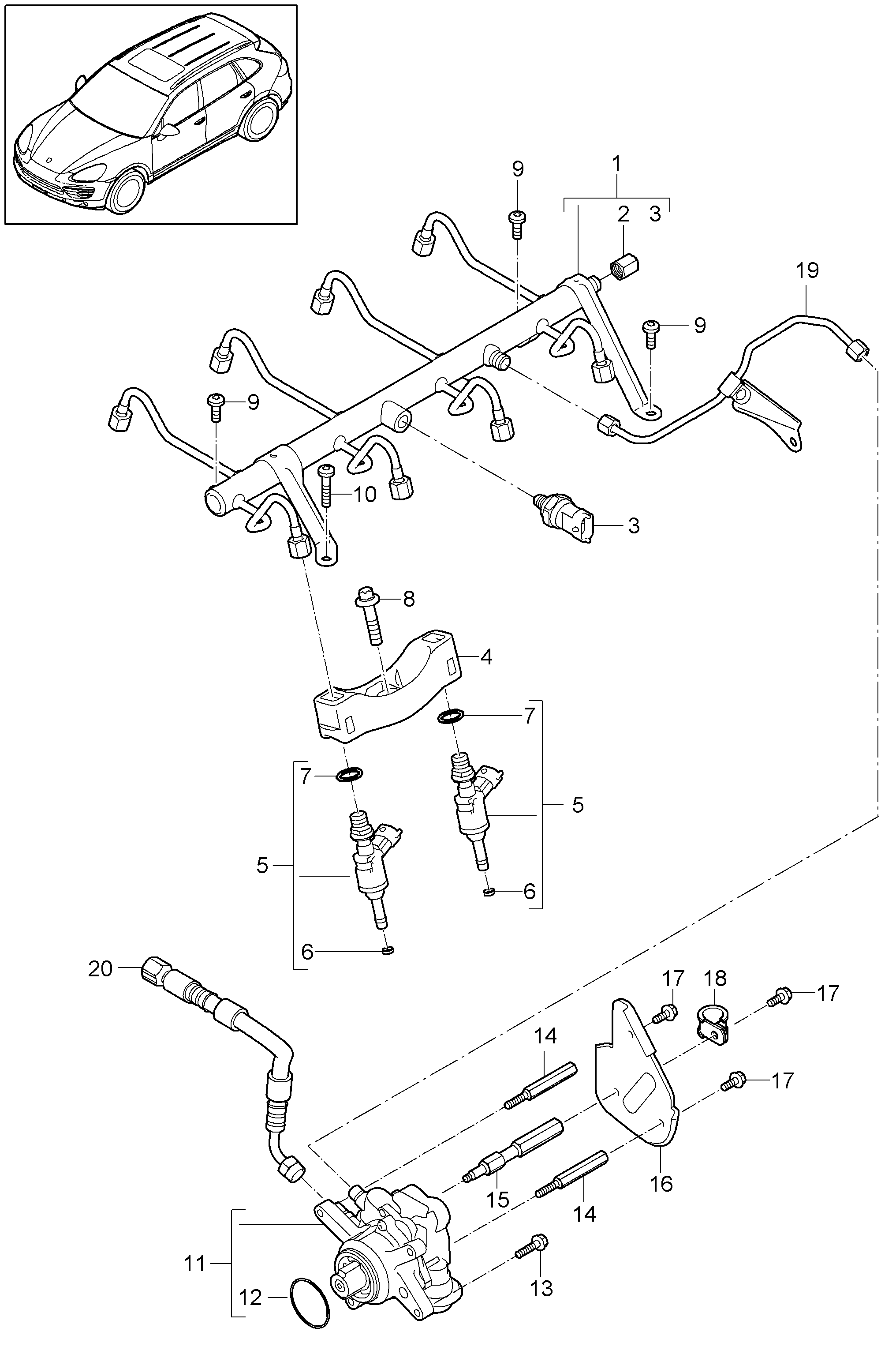 Porsche Cayenne 92A Fuel collection pipe high-pressure injector high ...
