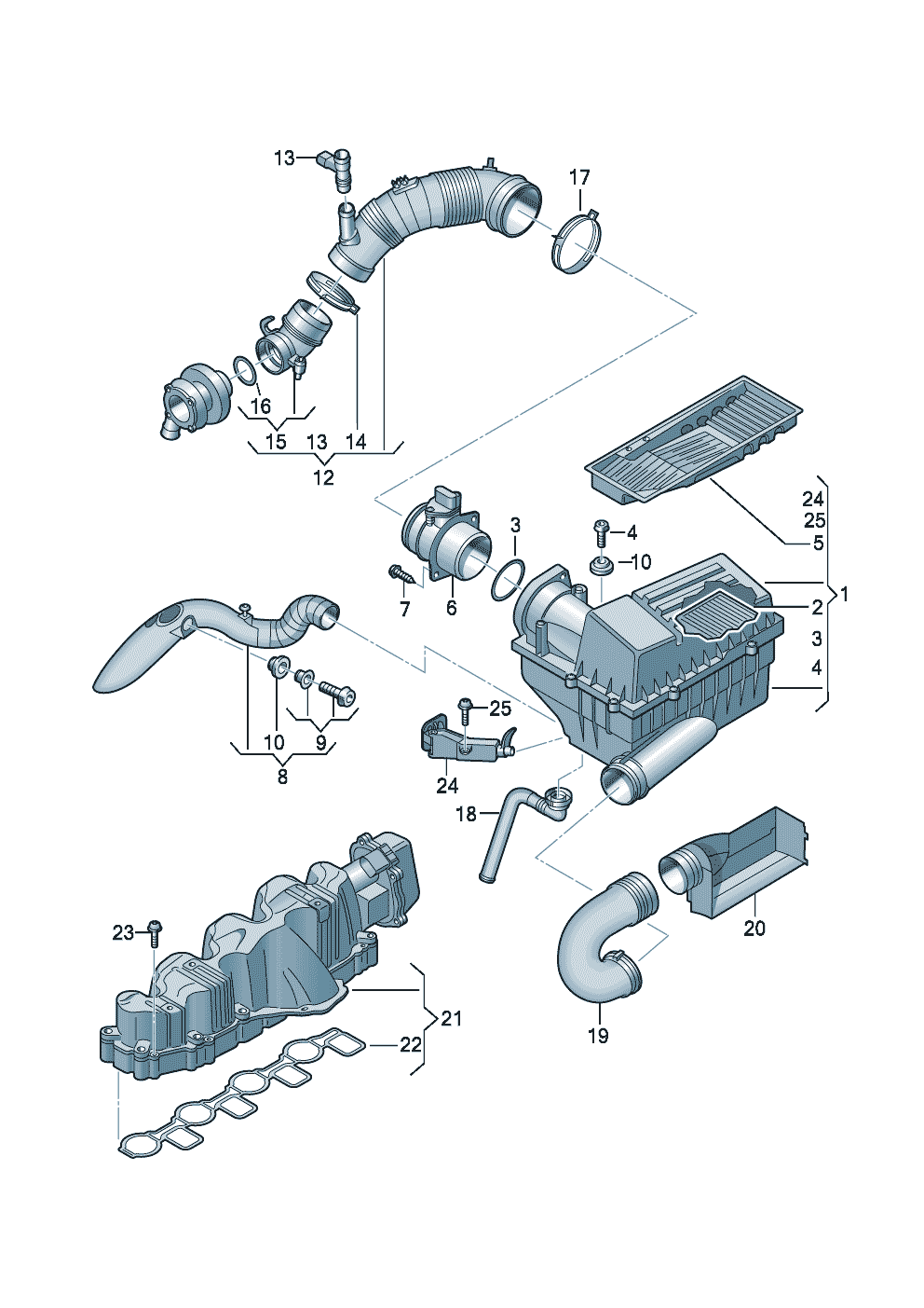Volkswagen Tiguan 5N Air filter with connecting parts intake connection ...