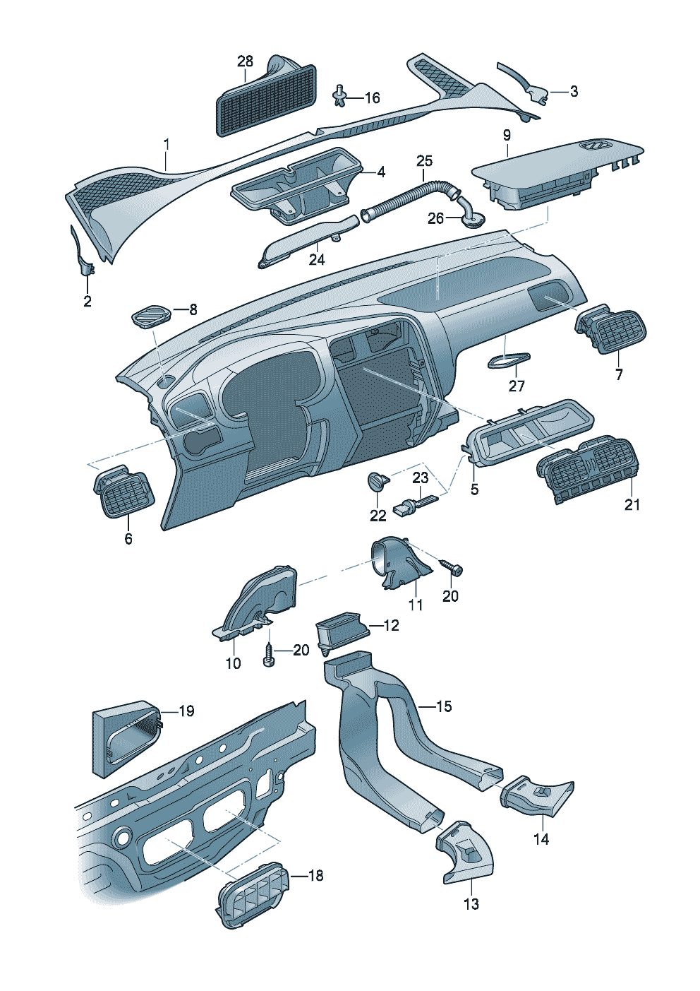 Volkswagen Vento (Type 6C) Air and footwell heater ducts, air hoses and ...